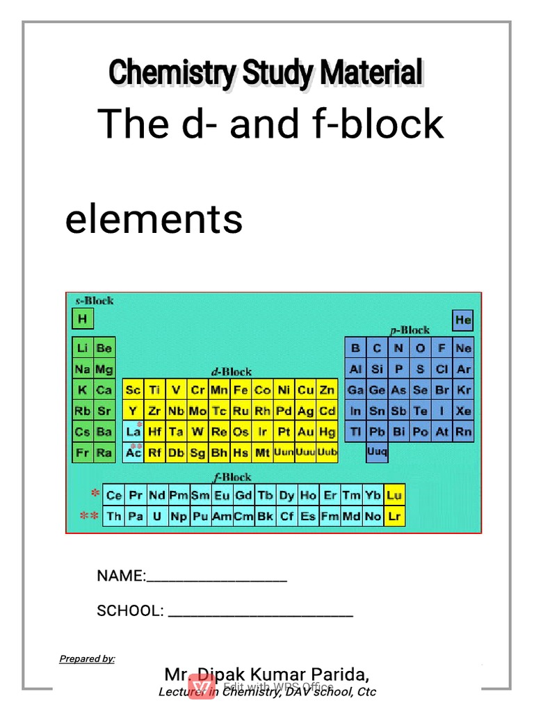 D and F Block Elements, CBSE PDF | PDF | Chemical Substances | Building ...