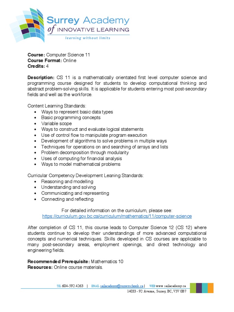 Computer Science 11 Course Description | PDF