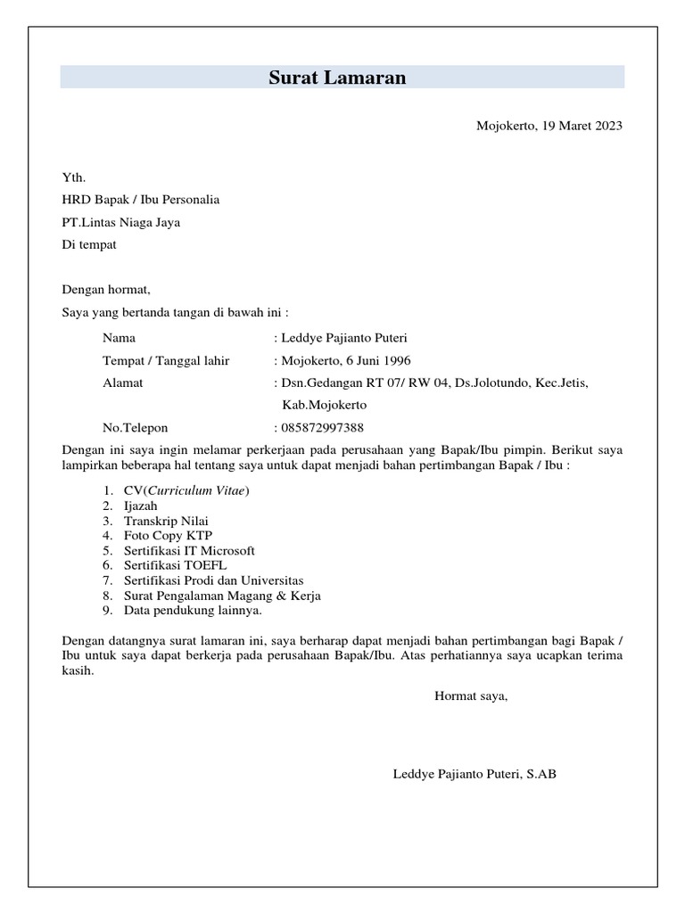 Surat Lamaran PT Lintas Niaga Jaya | PDF