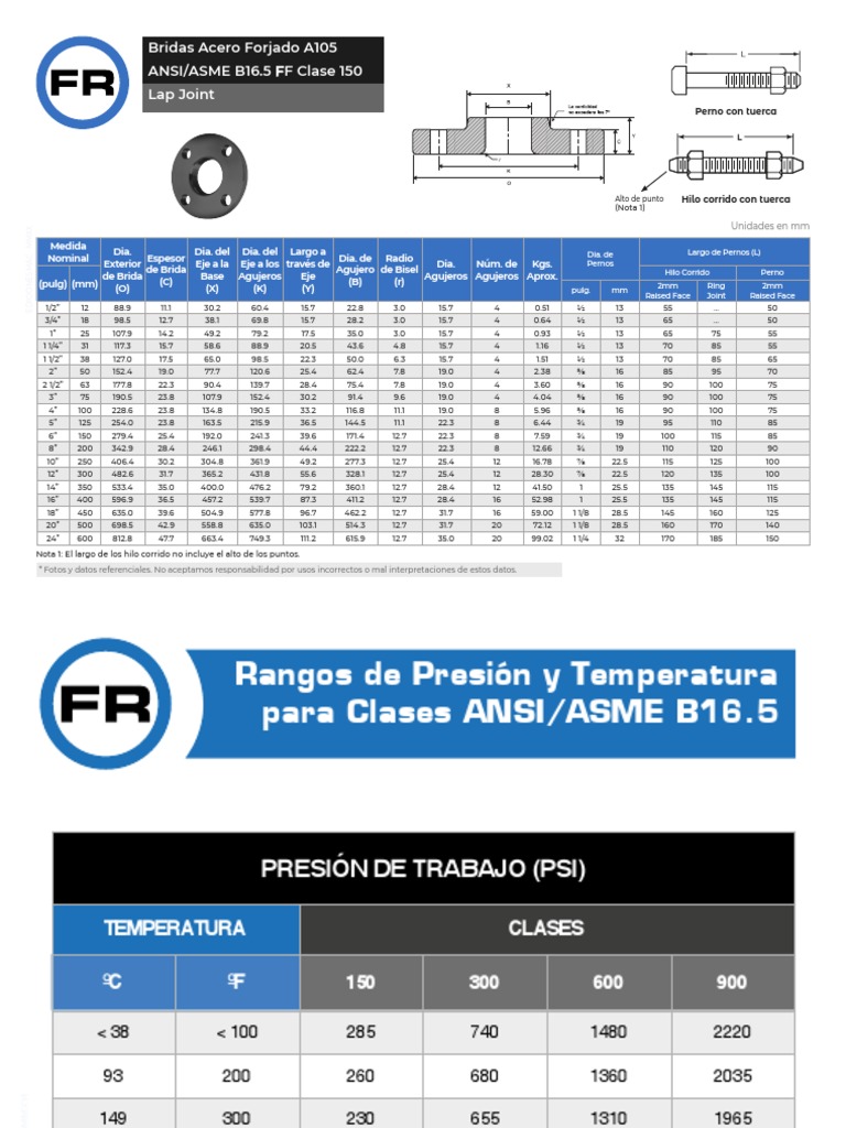 Bridas Acero Forjado A105 ANSI/ASME B16.5 FF Clase 150 Lap Joint | PDF ...