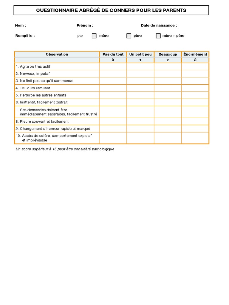Questionnaire abrégé de Conners parents | PDF