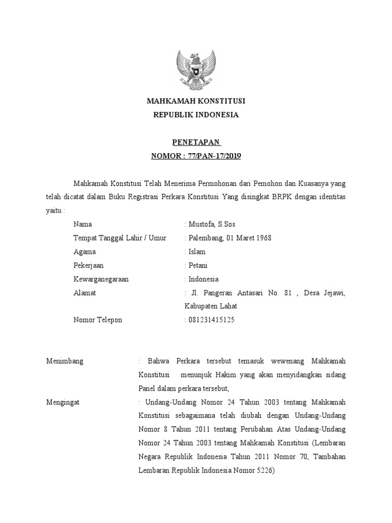 Surat Penetapan Majelis Hakim Sidang Panel | PDF