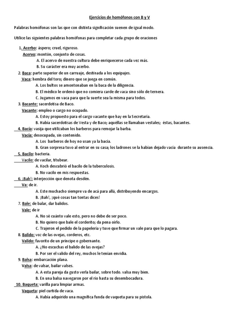 Ejercicios de Homófonos Con B y V | PDF