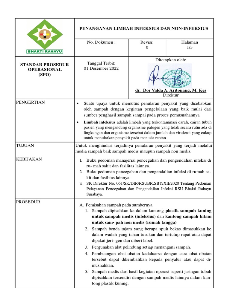 Spo Penanganan Limbah Infeksius Dan Non PDF | PDF