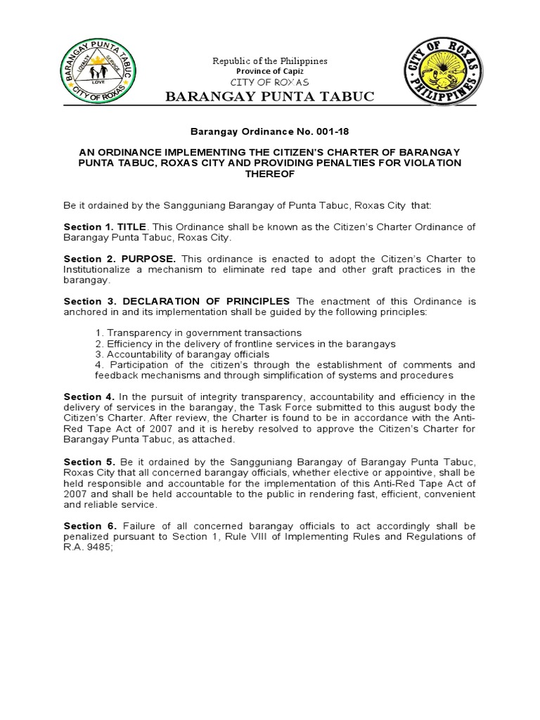 Barangay Ordinance Citizens Charter | PDF | Government | Governance