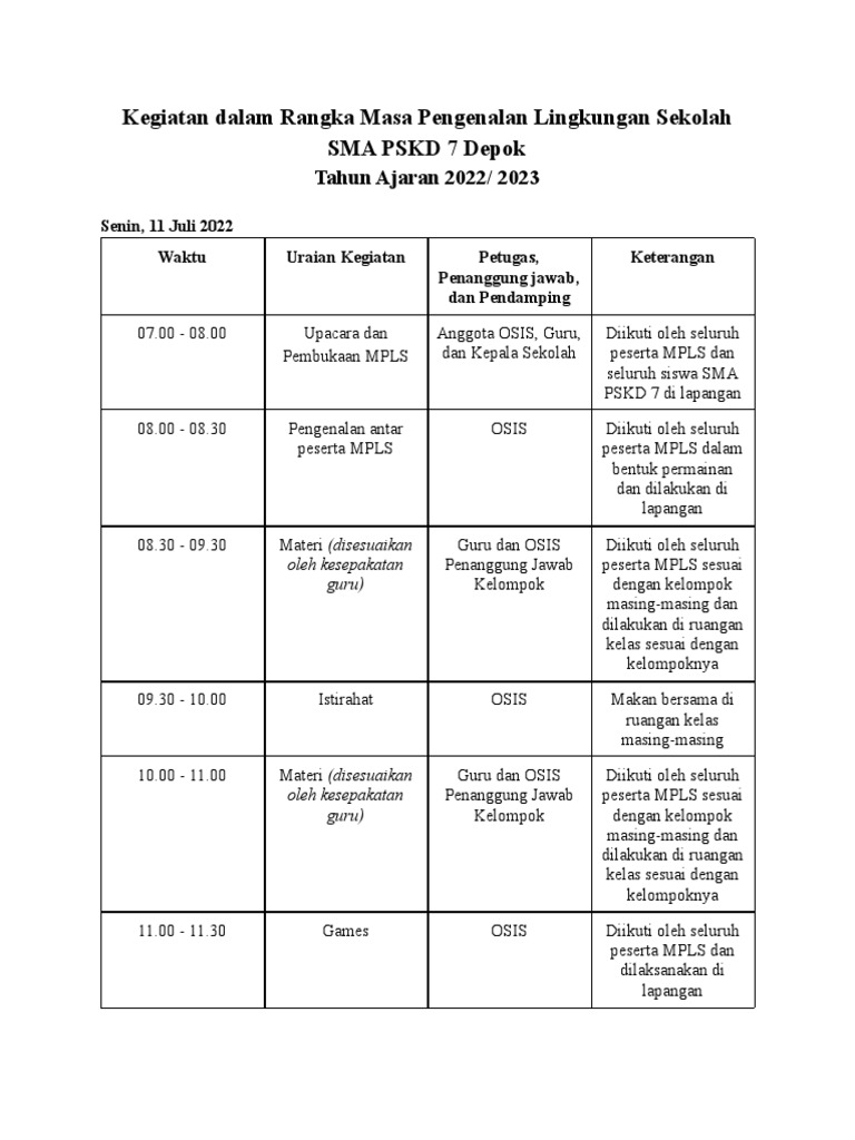 Susunan Kegiatan MPLS | PDF