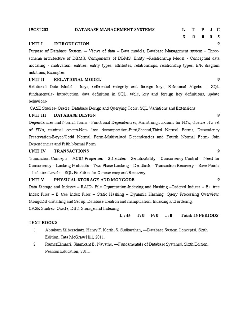 19CST202 DBMS Syllabus | PDF | Databases | Relational Database