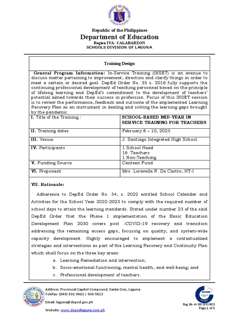 INSET Training Design | PDF | Mentorship | Behavior Modification