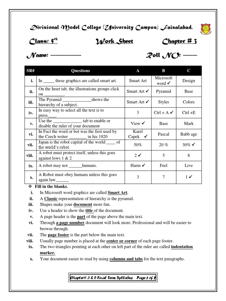 Class 5th Worksheet Chapter 3 & 5 Final Term Syllabus | PDF | Microsoft ...