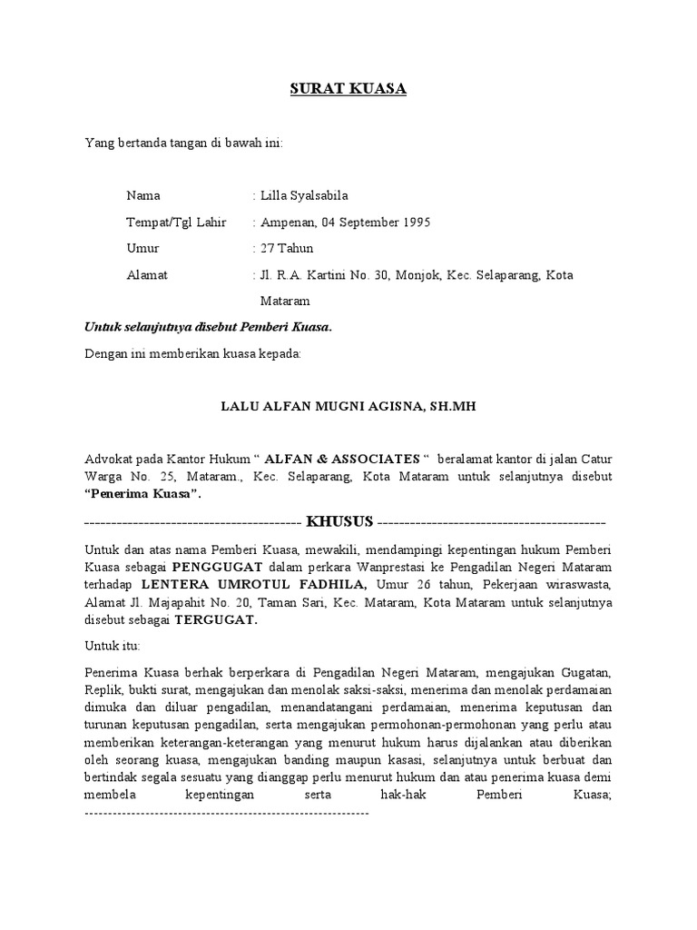 Surat Kuasa Penggugat Wanprestasi | PDF