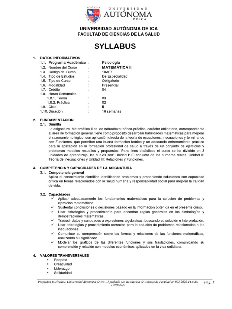 10a07 - Syllabus Matematica Ii | PDF | Ecuaciones | Evaluación