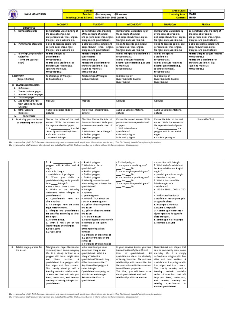 DLL - MATH 4 - Q3 - WEEK 4 Relationships of Triangles To Quadrilaterals@edumaymay @lauramos ...