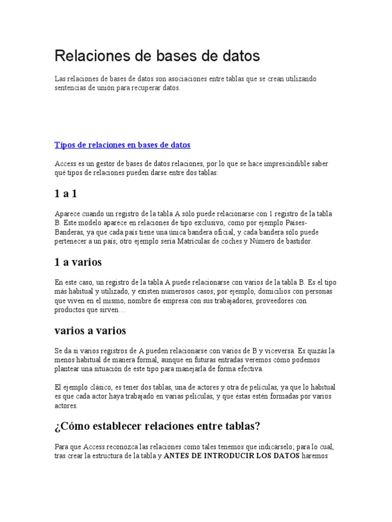 Tipos de Relaciones | PDF | Bases de datos | Informática Tipos de Relaciones | PDF | Bases de datos | Informática