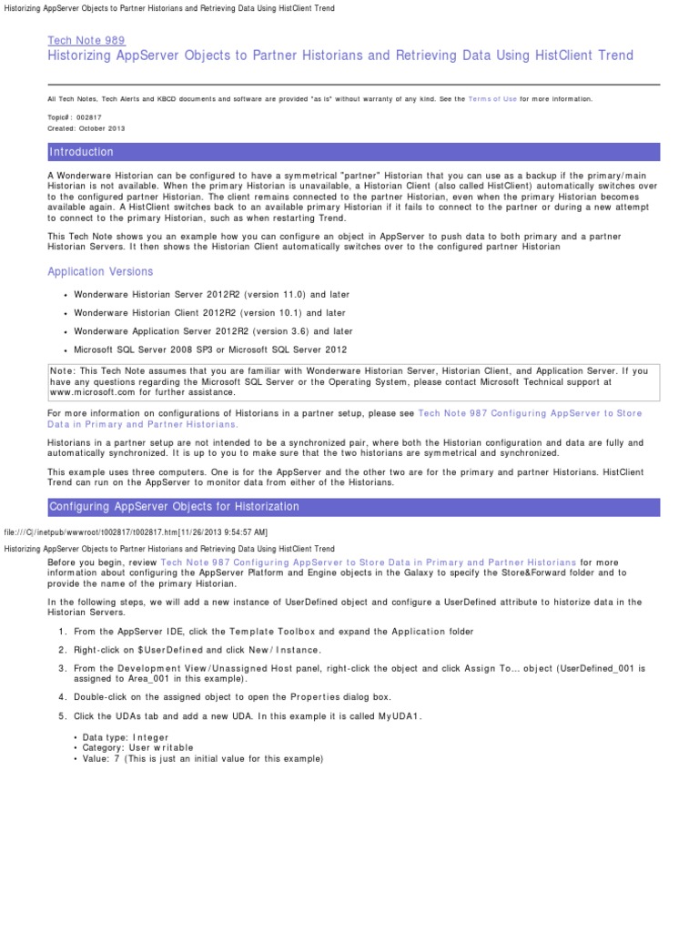 Tech Note 989 Historizing Appserver Objects To Partner Historians And Retrieving Data Using 