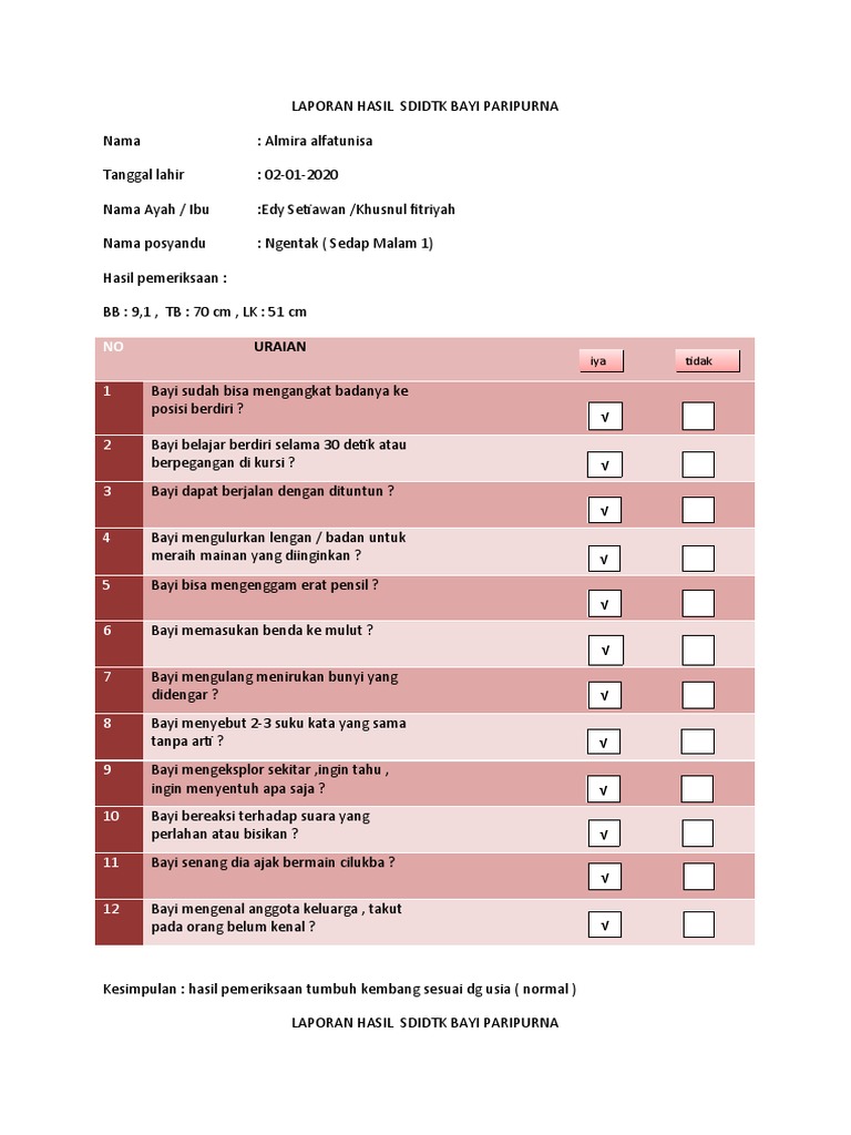 LAPORAN HASIL SDIDTK BAYI P Indah | PDF | Kesehatan Holistik