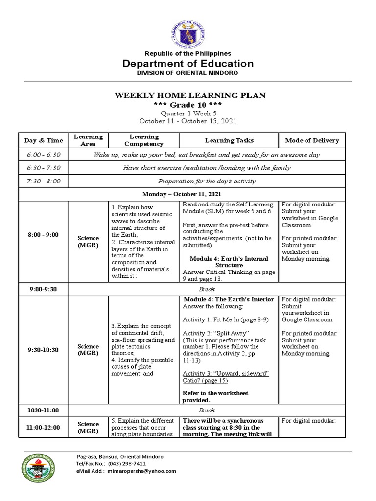 Weekly Home Learning Plan - Grade 10 Q1 Week 5 | PDF