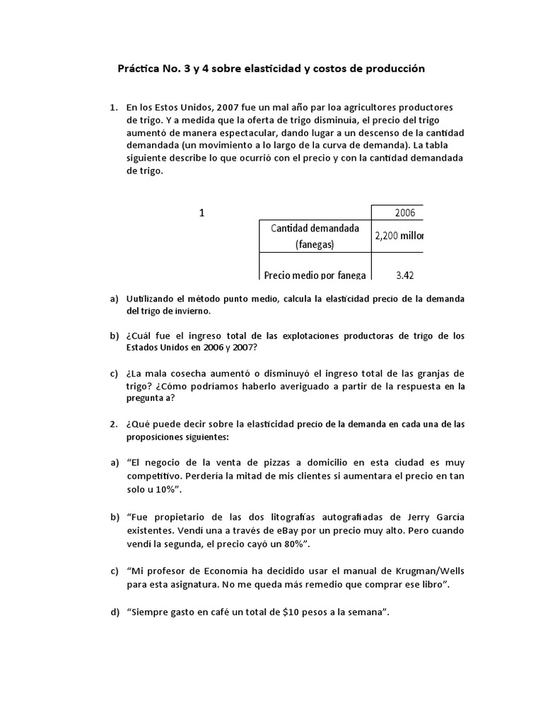 Práctica No 3 Y 4 Sobre Elasticidad Y Costos De Producción Pdf