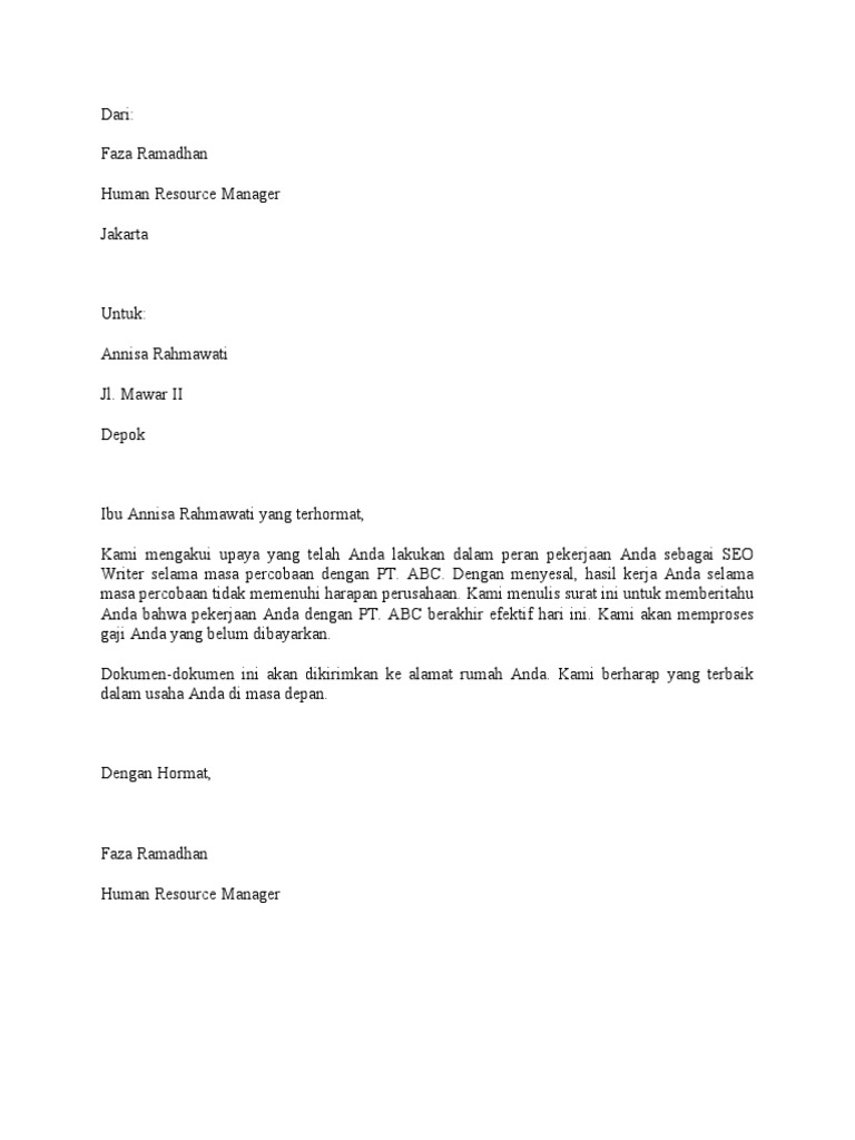 Contoh Surat Pemberhentian Kerja Tidak Lulus Probation | PDF