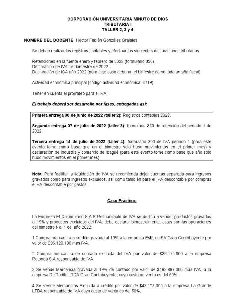 Taller 2-3-4 | PDF | Impuesto al valor agregado | Crédito