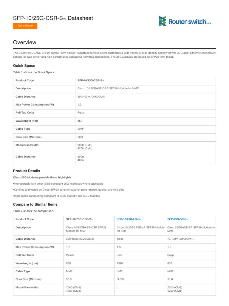 SFP 10 25g CSR S Datasheet | PDF | Telecommunications Standards | Computer Networking