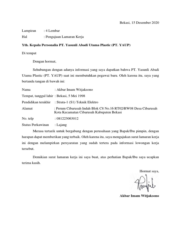 Lamaran Kerja PT YAUP | PDF