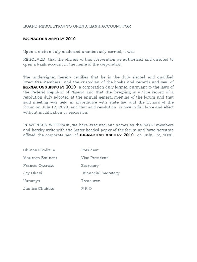 Board Resolution for Bank Account Opening | PDF | Business | Finance ...