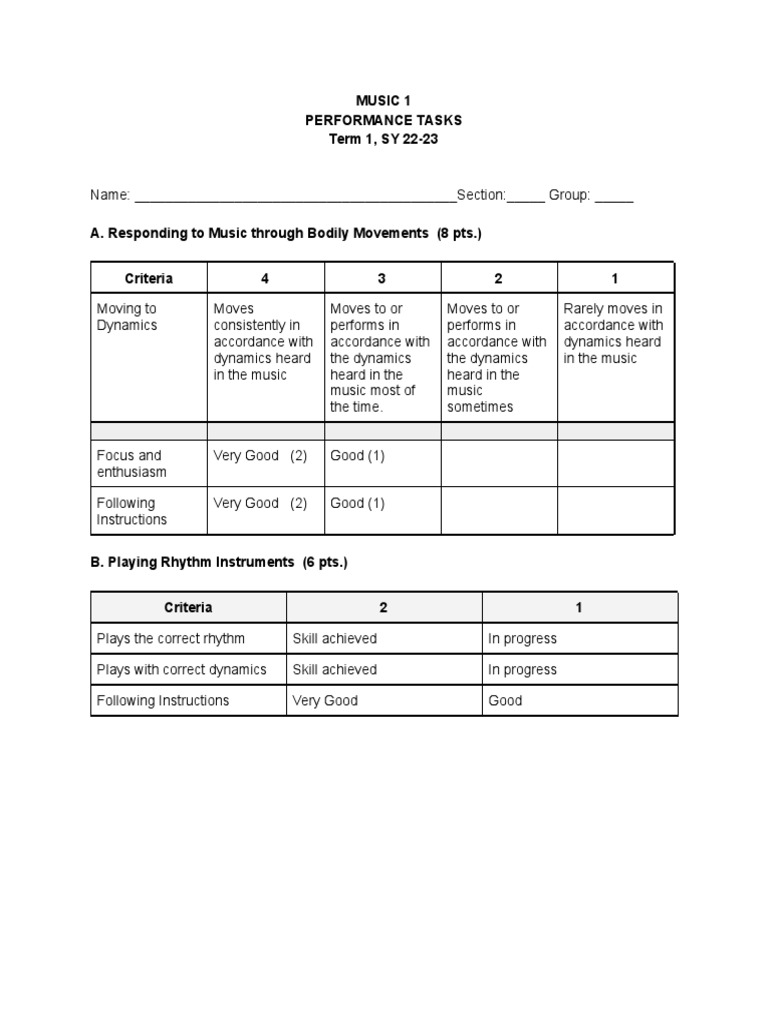 Rubrics For Performance Tasks (MUSIC 1) PDF | Download Free PDF ...