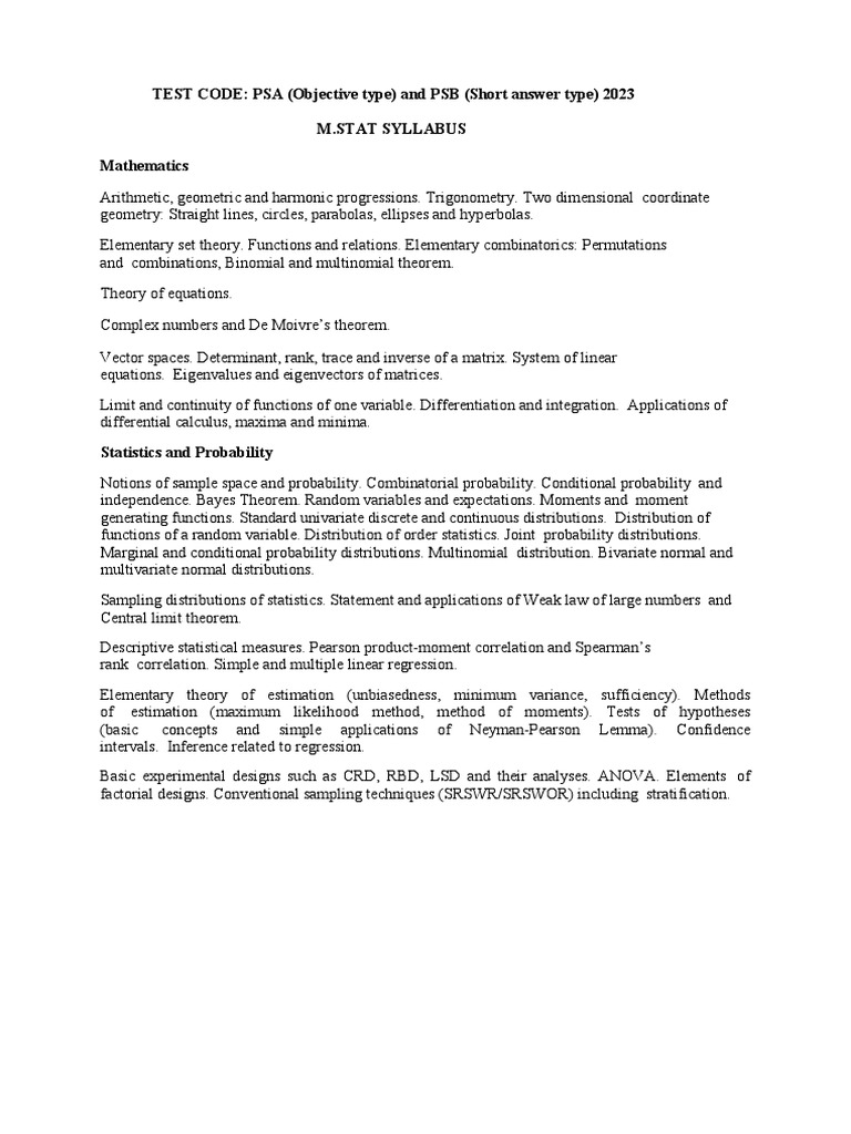 MStat-PSA PSB Syllabus 2023 | PDF