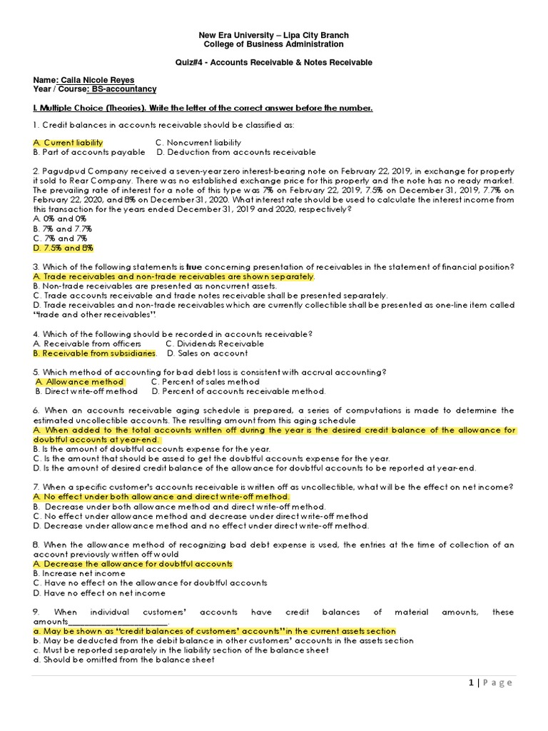 Quiz 4 - Accounts Receivable & Notes Receivable | PDF | Debits And ... Quiz 4 - Accounts Receivable & Notes Receivable | PDF | Debits And ...