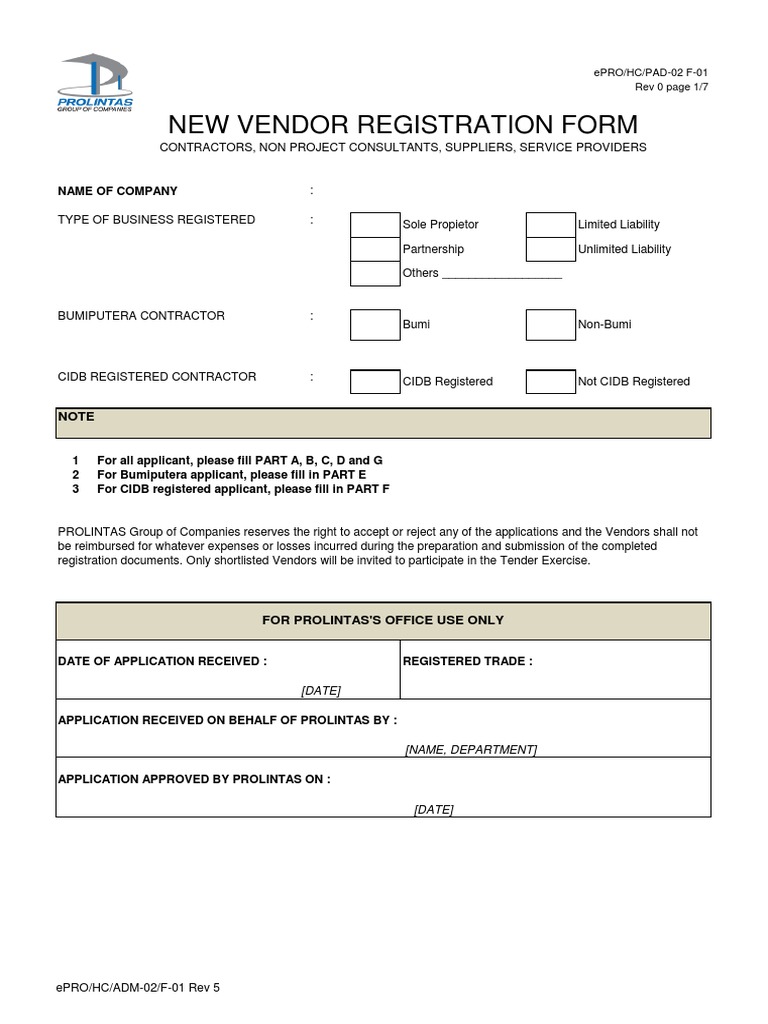 PROLINTAS-New Vendor Registration Form | PDF | Joint Venture | Iso 9000