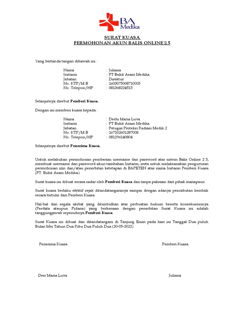 Format Surat Kuasa Pembuatan Akun Balis | PDF