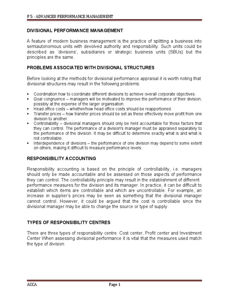 P5 - Chapter 9 DIVISIONAL PERFORMANCE APPRAISAL AND TRANSFER PRICING ...