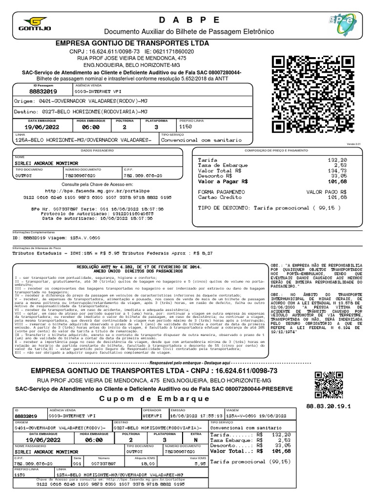 Bilhete Gontijo: Gov. Valadares-BH | PDF | Transporte | Segurança