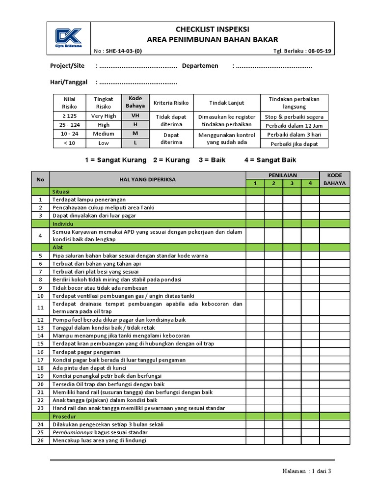 SHE-14-03 - (0) Checklist Inspeksi Area Penimbunan Bahan Bakar | PDF