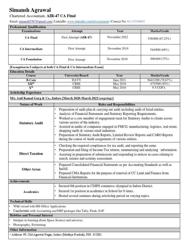 Simansh Agrawal - CV PDF | PDF | Audit | Accounting