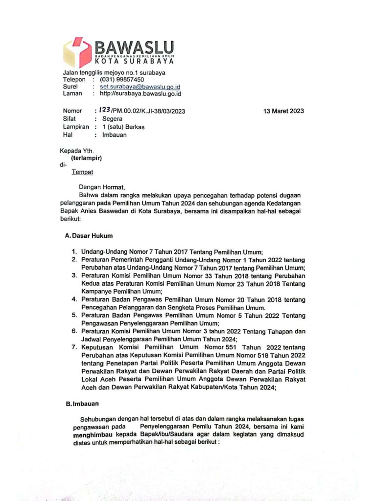 Surat Imbauan Bawaslu | PDF