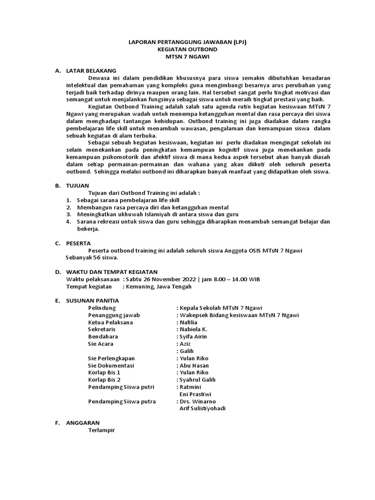 LPJ Kegiatan Outbond MTsN 7 Ngawi | PDF