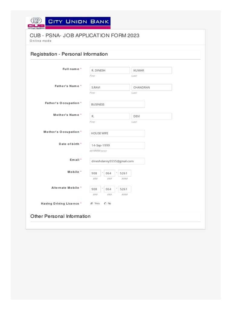CUB-Job Application Form Executive Cadre PDF | PDF