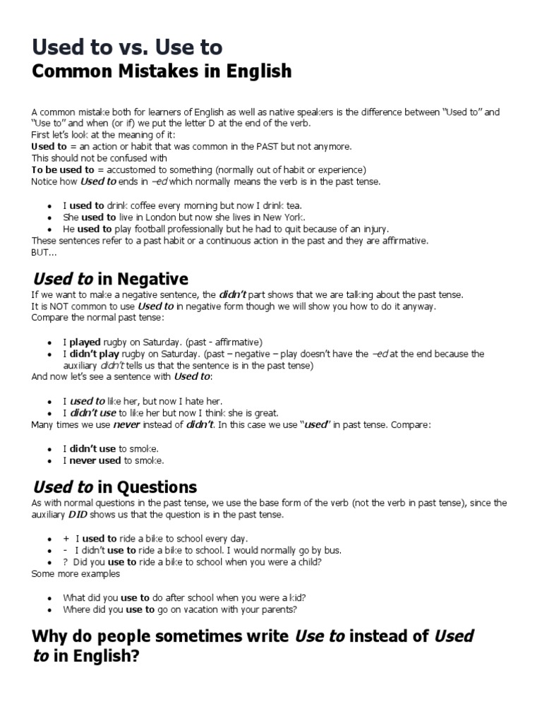 Used To vs. Use To: Common Mistakes in English | PDF | Verb | English Grammar