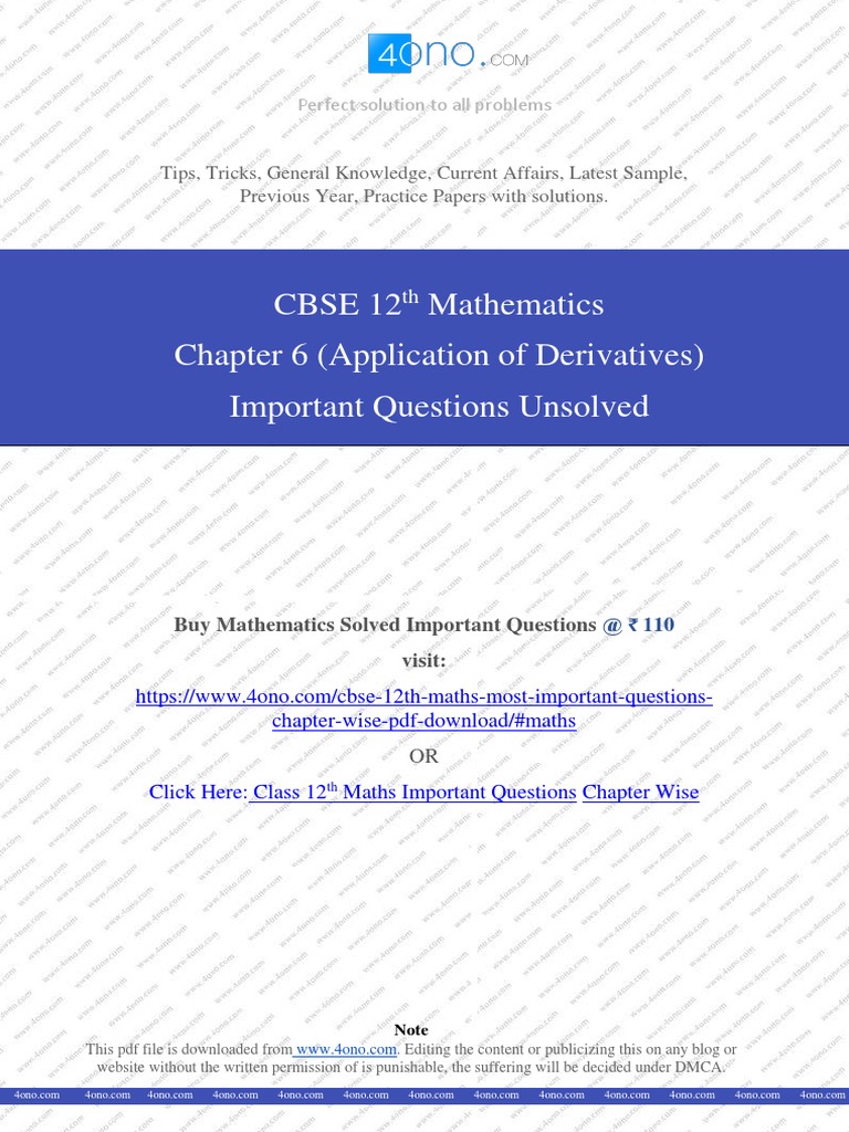 Class 12th Maths Chapter 6 (Application of Derivates) Unsolved | PDF ... Class 12th Maths Chapter 6 (Application of Derivates) Unsolved | PDF ...