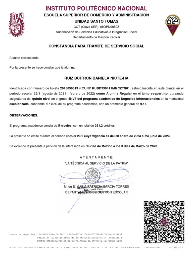 Constancia de estudios y promedio de una alumna del Instituto ...