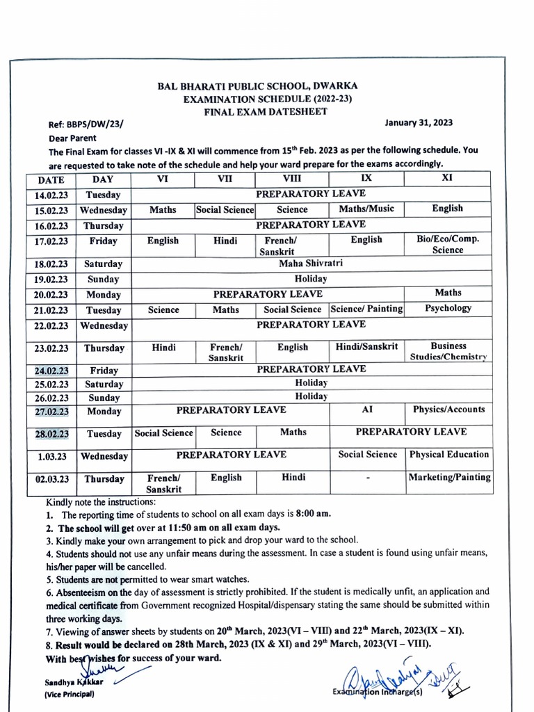 BBPS Dwarka Final Exam Schedule 2023 | PDF