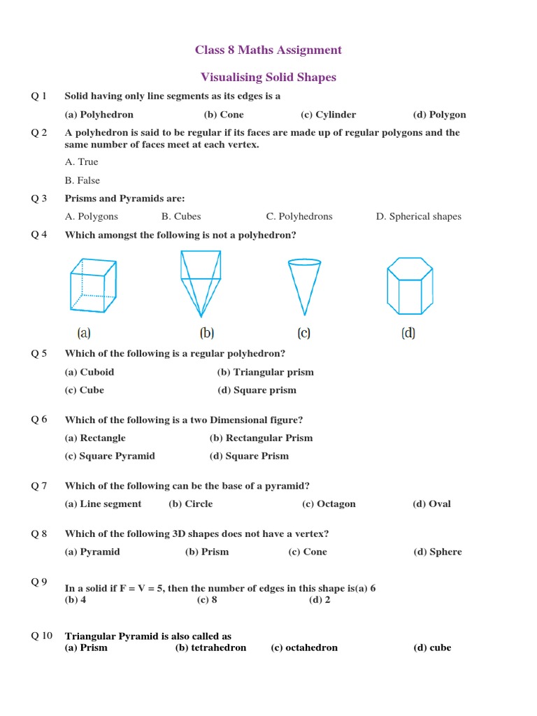 Class 8 - CH 10 - Visualising Solid Shapes - Assignment | PDF | Tetrahedron | Vertex (Geometry)