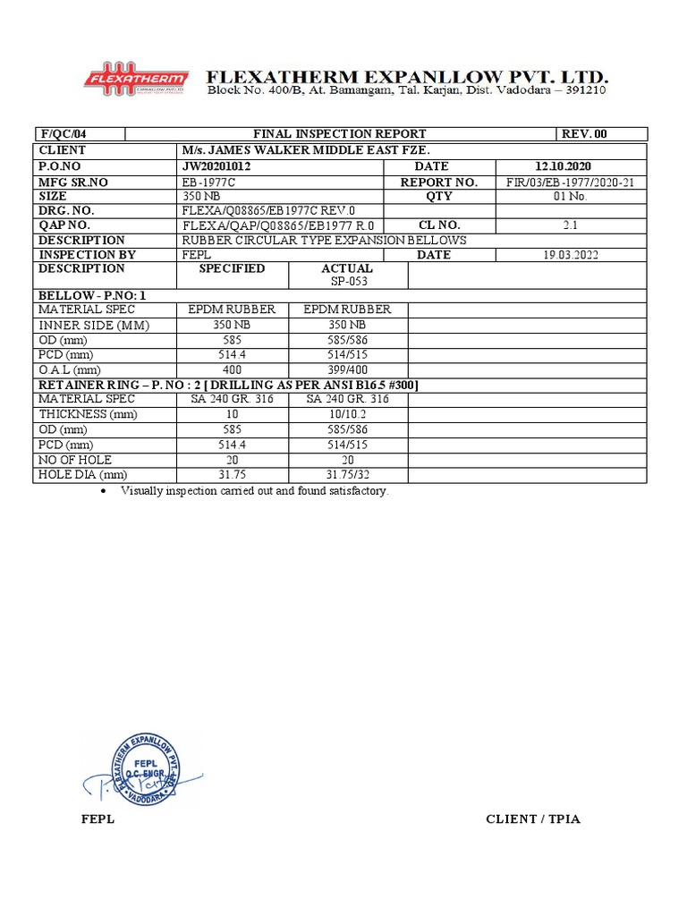 Analysis of Rubber Expansion Bellows Final Inspection and Testing ...