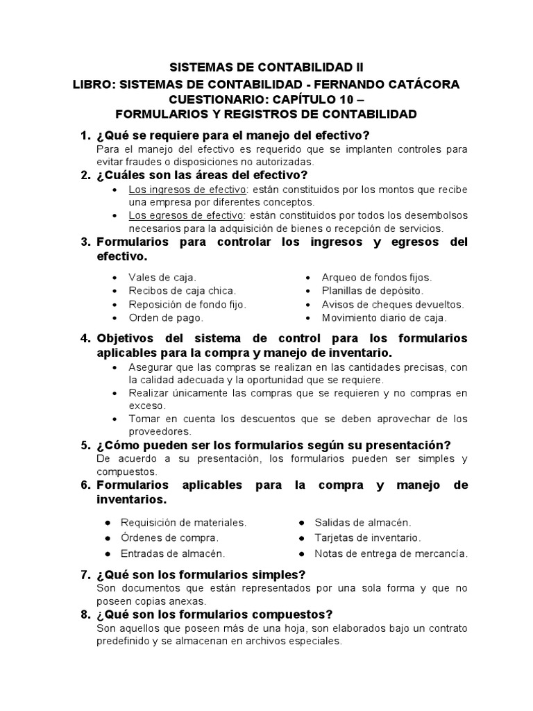 Cuestionario Cap. 10 Formularios y Registros de Contabilidad | PDF | Contabilidad | Diseño