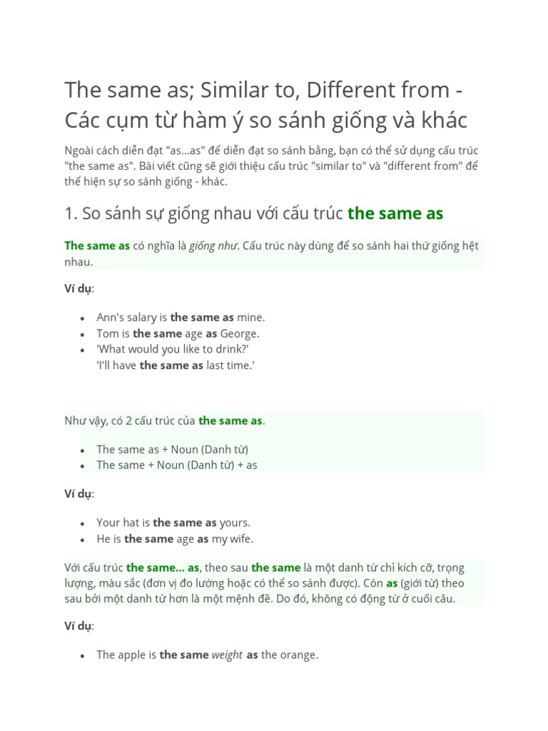 The same as; Similar to, Different from - Các cụm từ hàm ý so sánh ...