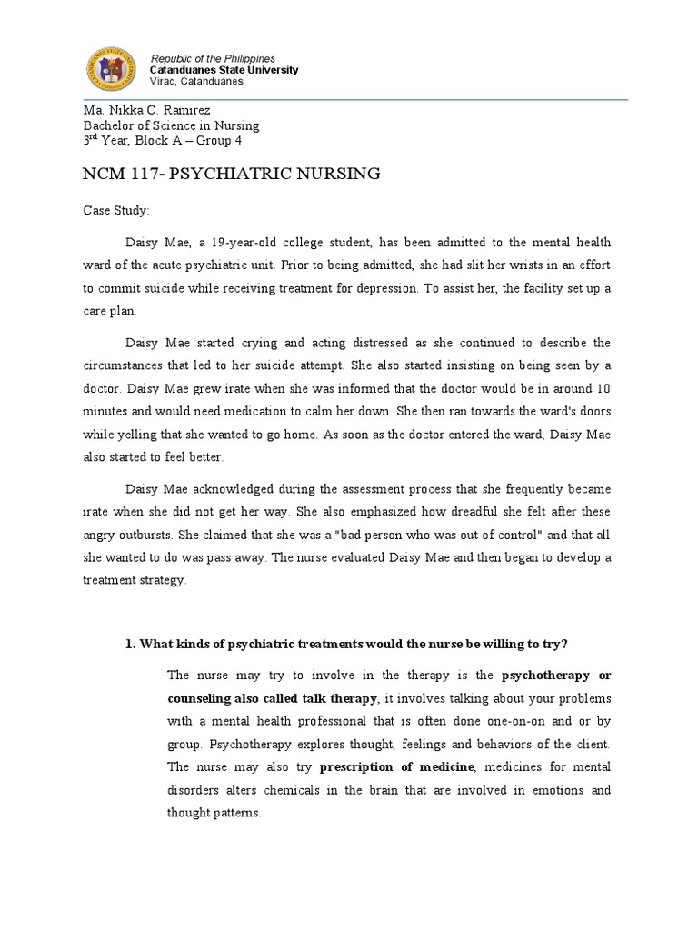 NCM-117-PSYCHIATRIC-NURSING-Case-Study RAMIREZ 3AG4 | PDF | Mental ...