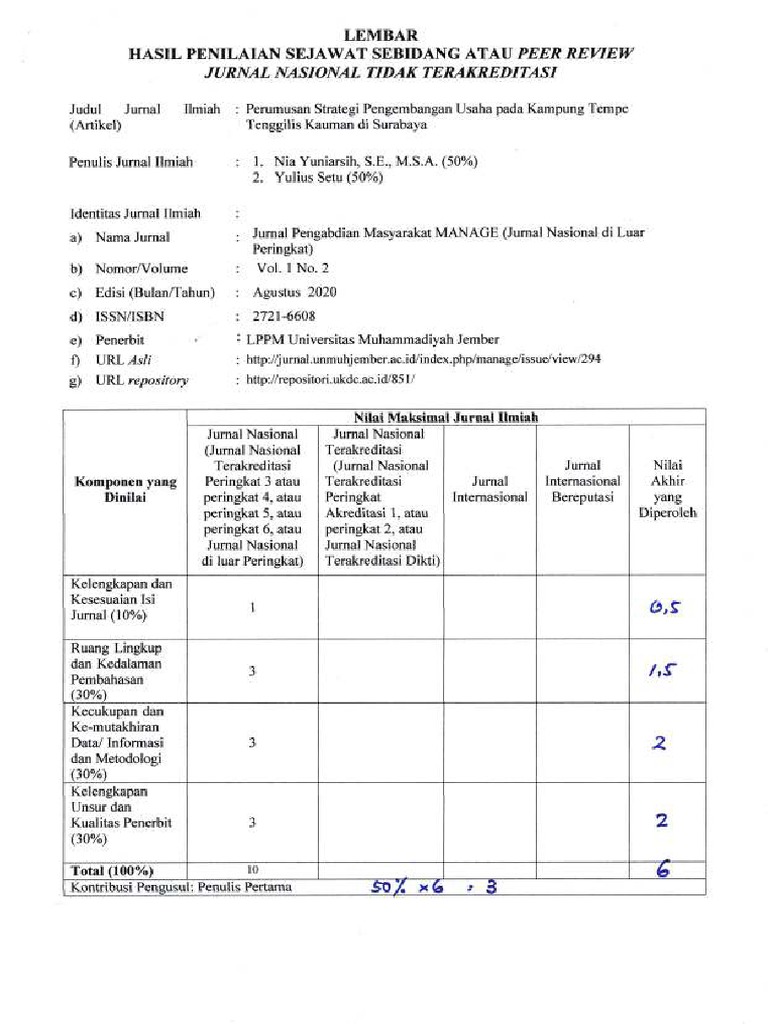Peer Review Fix 1 Jurnal Abdimas Perumusan Strategi Pengembangan Usaha Pada Kampung Tempe | PDF
