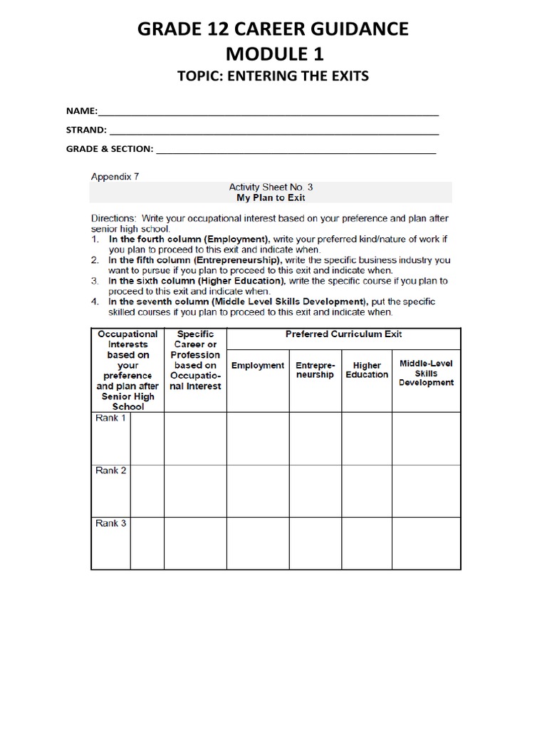 Grade 12 Career Guidance Outputs | PDF