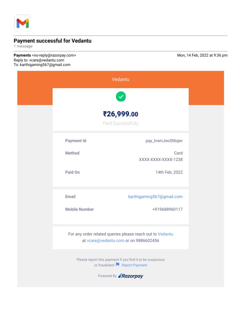 Gmail - Payment Successful For Vedantu | PDF